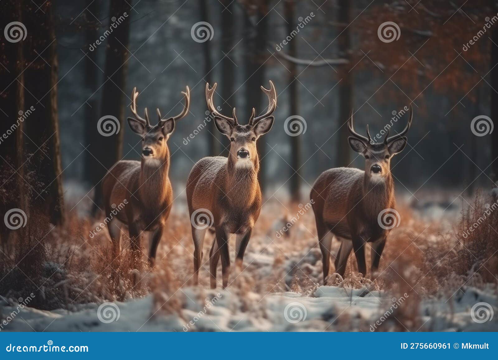 Three Deer in a Snowy Forest Generative AI Stock Illustration ...