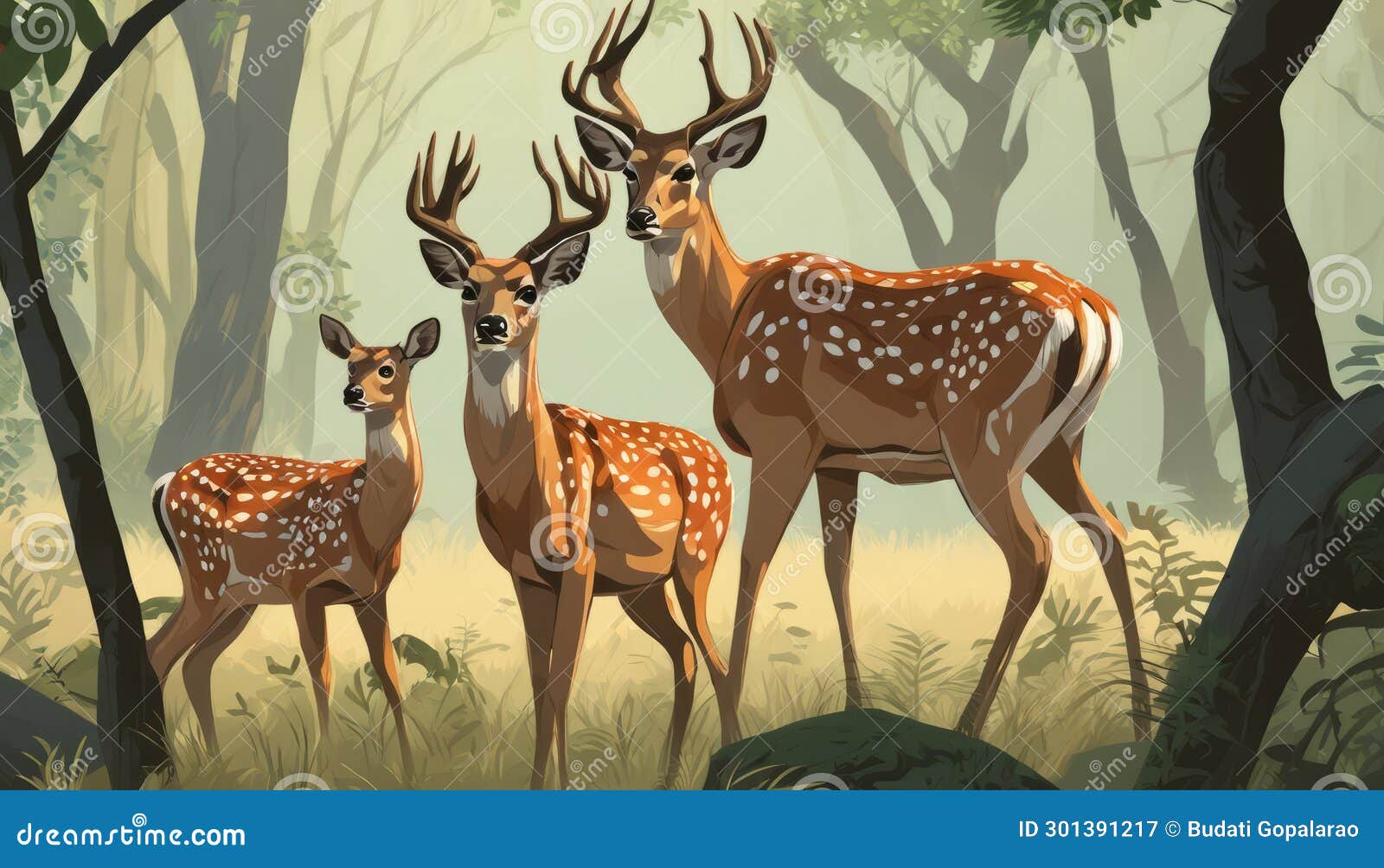 Three Deer Standing in a Field with Trees in the Background Stock ...