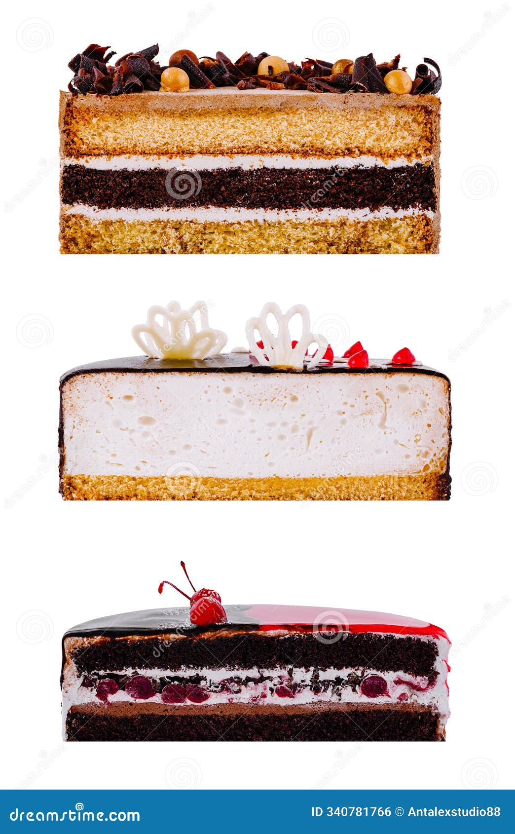Three Delicious Slices of Cake on White Background Stock Photo - Image ...