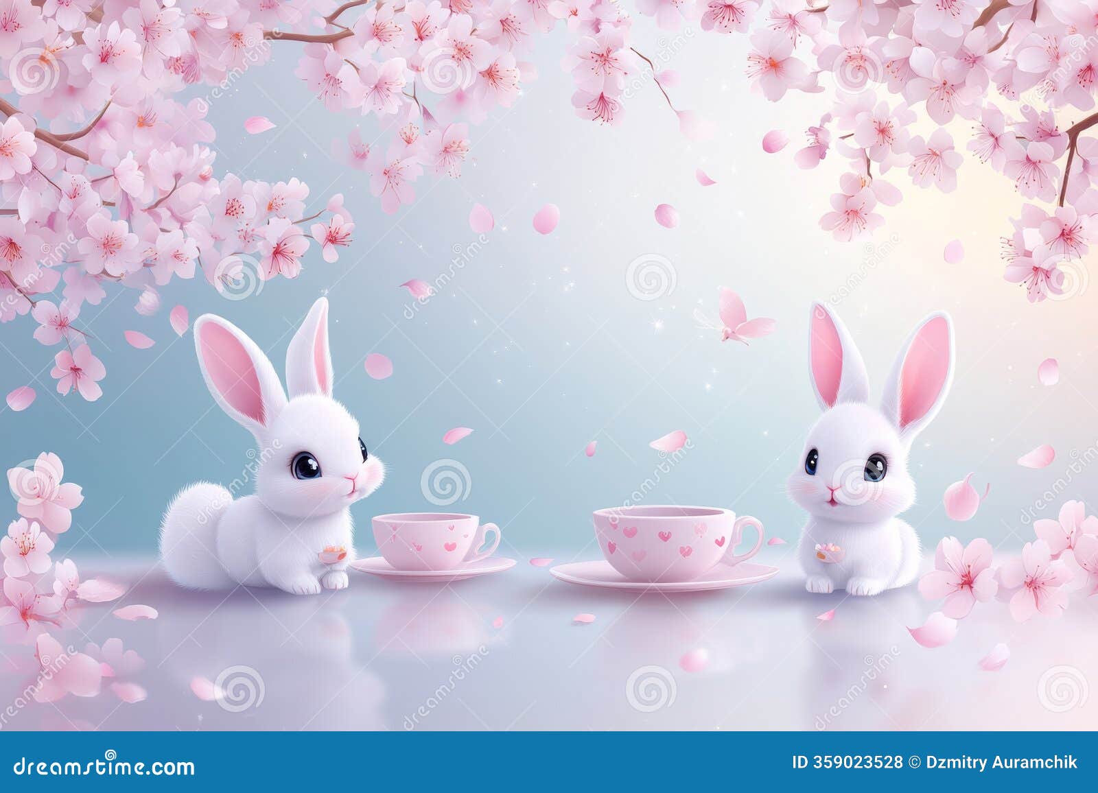 Three Delightful Rabbits Enjoy Tea in the Shade of Cherry Blossoms ...