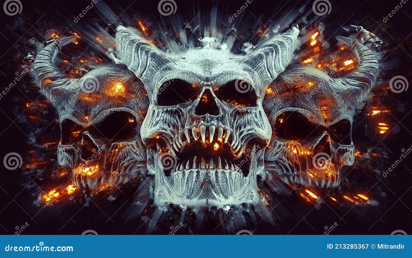 Three Demon Skulls with Horns Burning through Stock Illustration ...