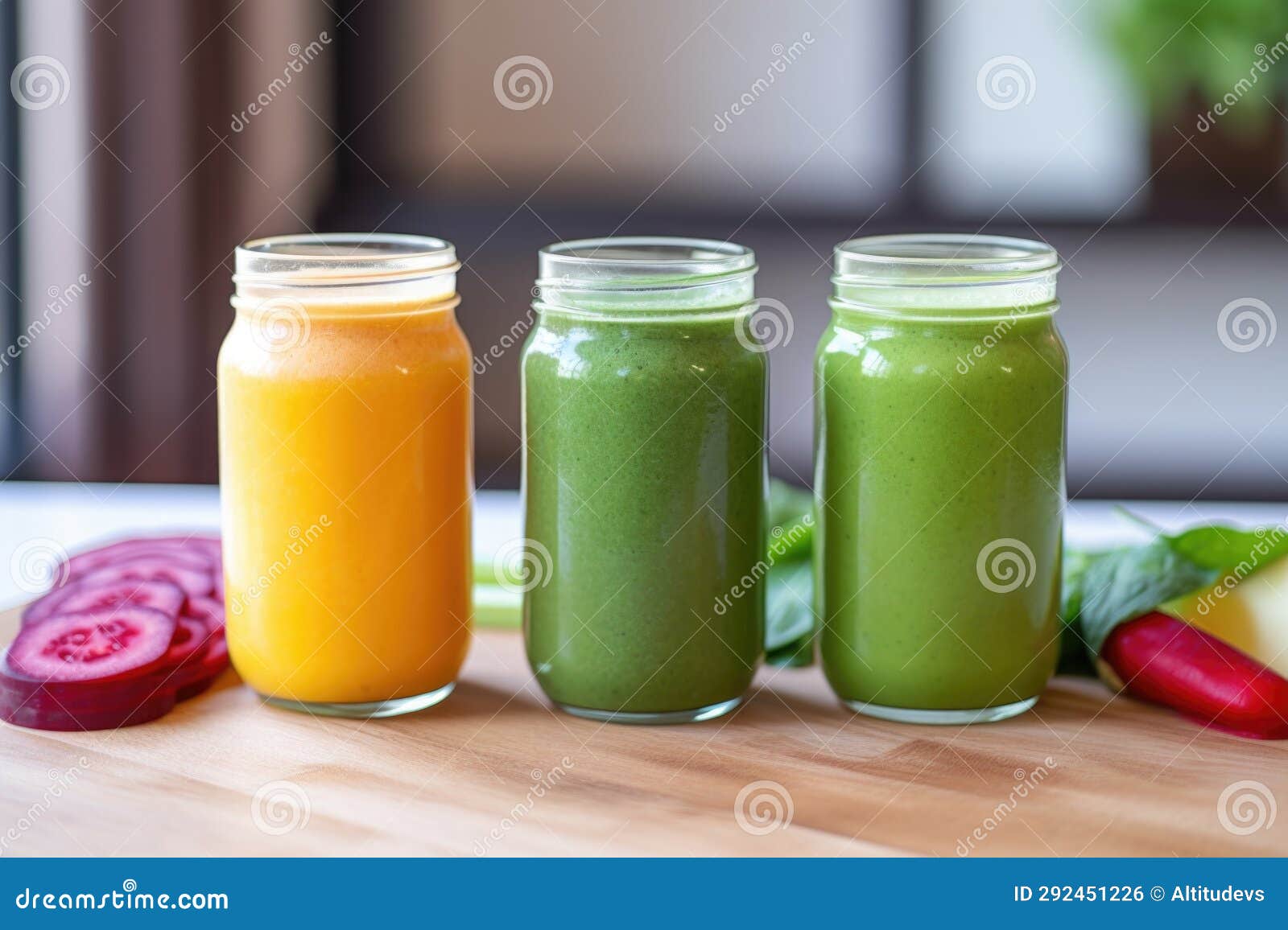 Three Detox Smoothies of Different Colors on the Kitchen Counter Stock ...