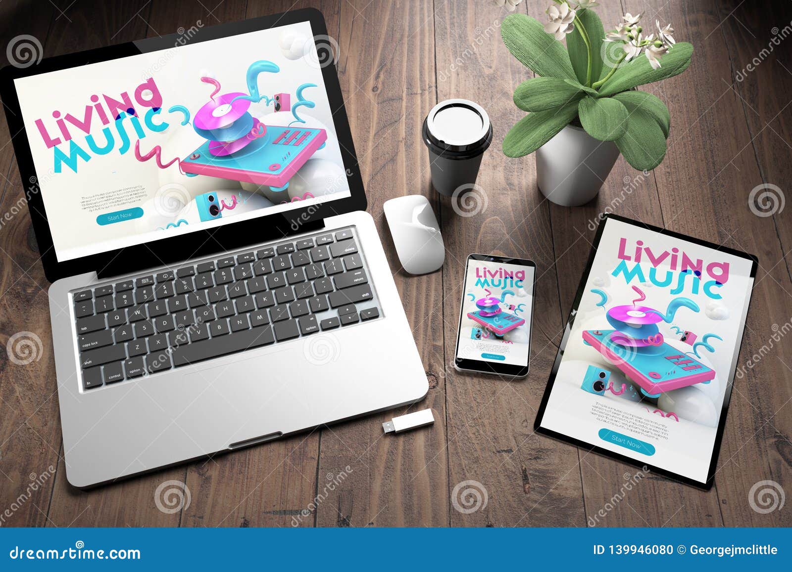Three Devices on Wooden Desk Top View Music Website Stock Illustration ...