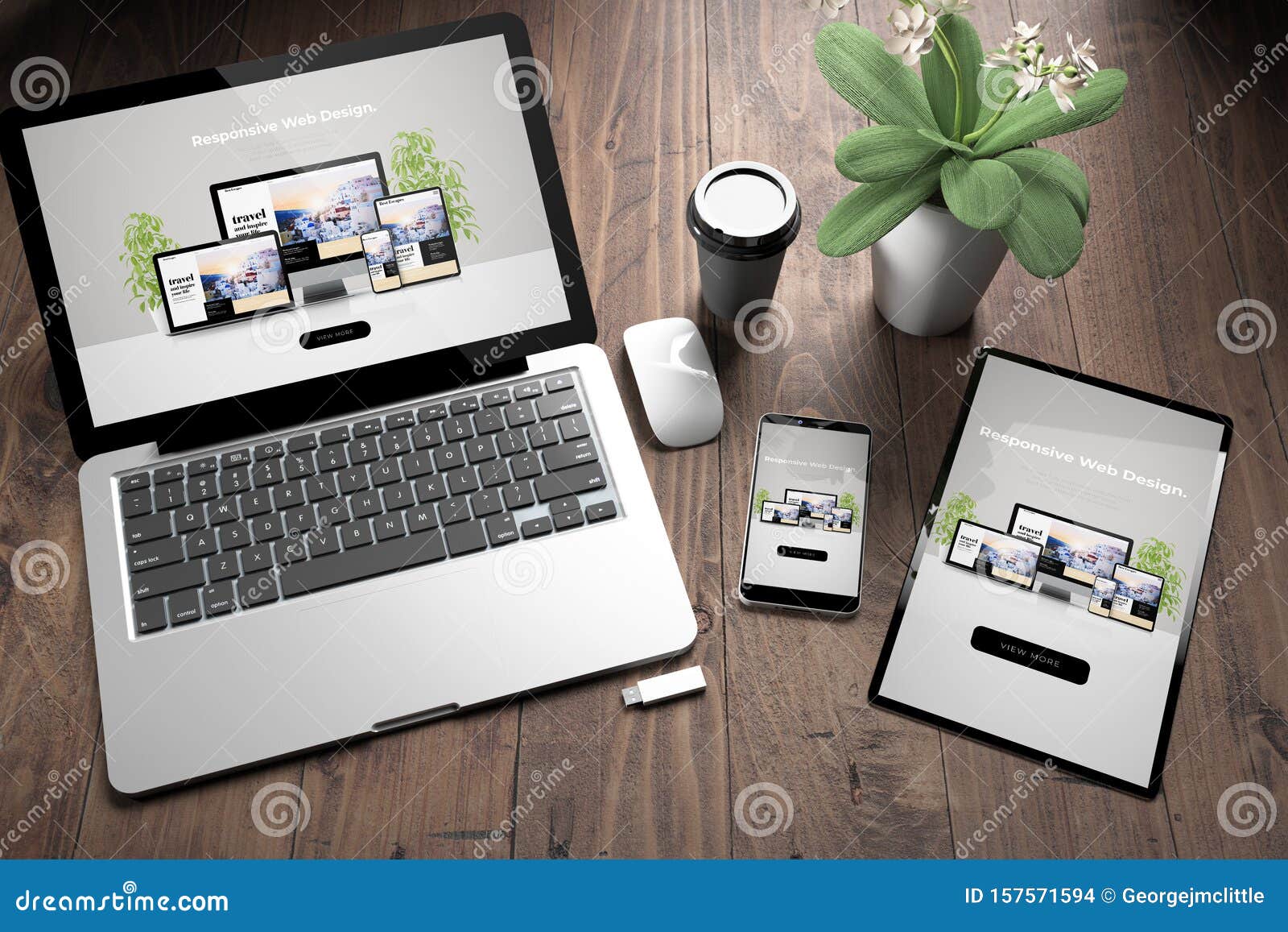 Three Devices on Wooden Desk Top View Responsive Stock Illustration ...
