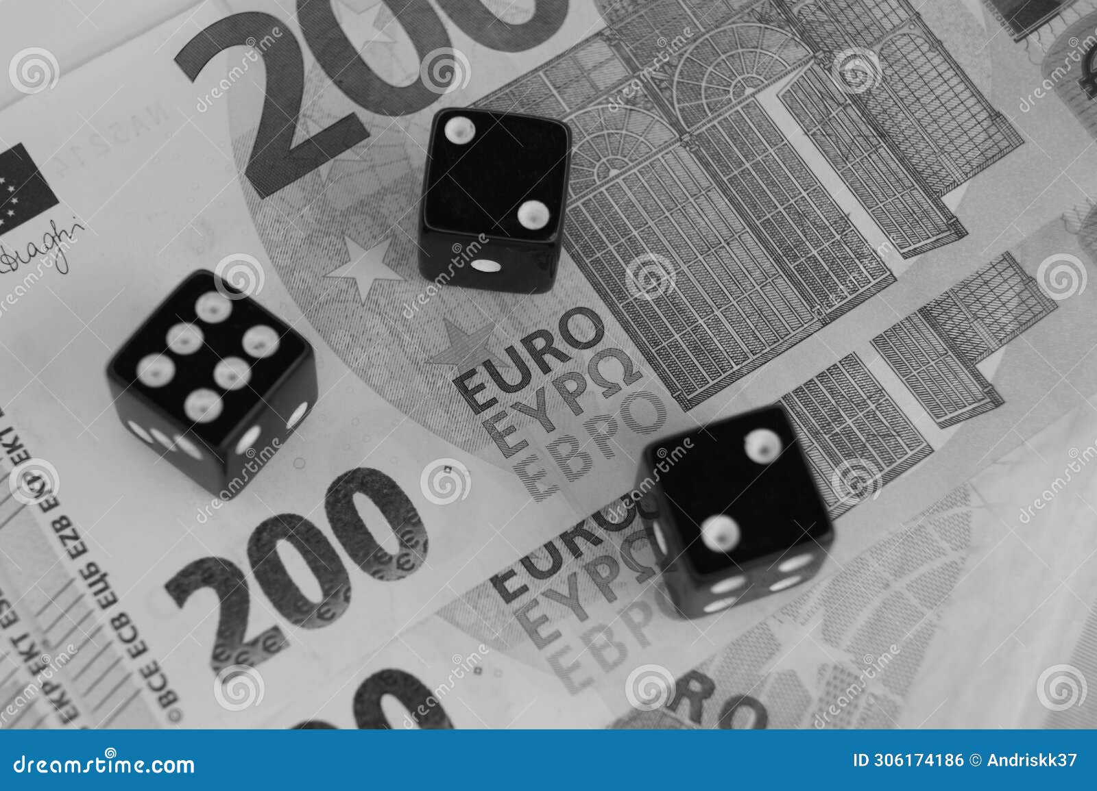 Three Dice on New 200 Euro Banknotes, Close Up. Black and White Image ...