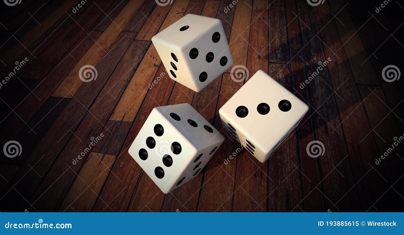 Three Dices Rolling and Their Long Shadows Seen on the Wooden Surface ...