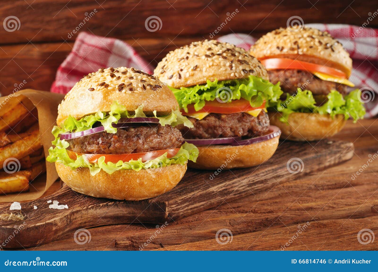 Three Different Burger on Wooden Board Stock Photo - Image of hamburger ...