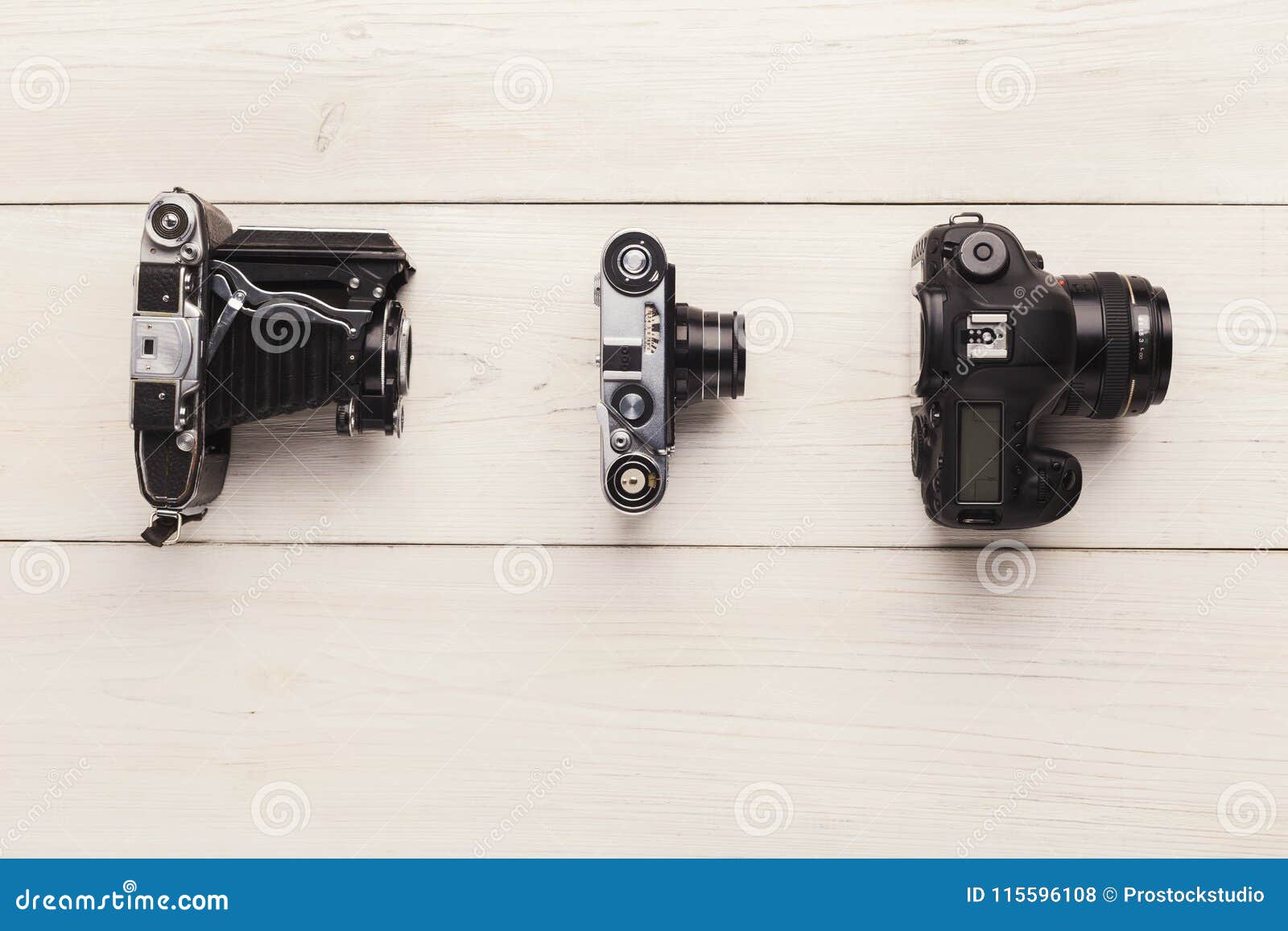 Three Different Cameras on White Table Stock Photo - Image of industry ...