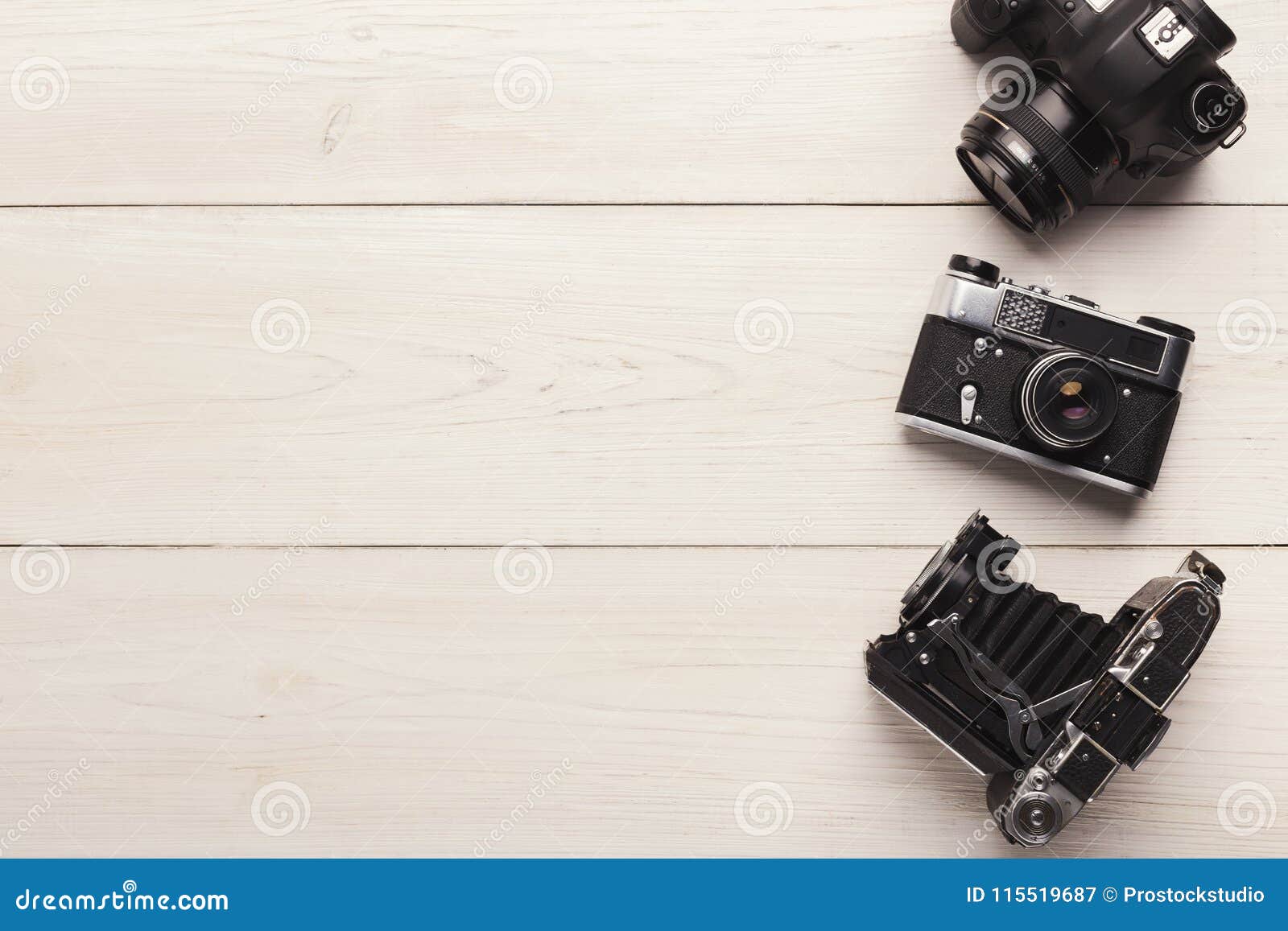 Three Different Cameras on White Table Stock Image - Image of ...