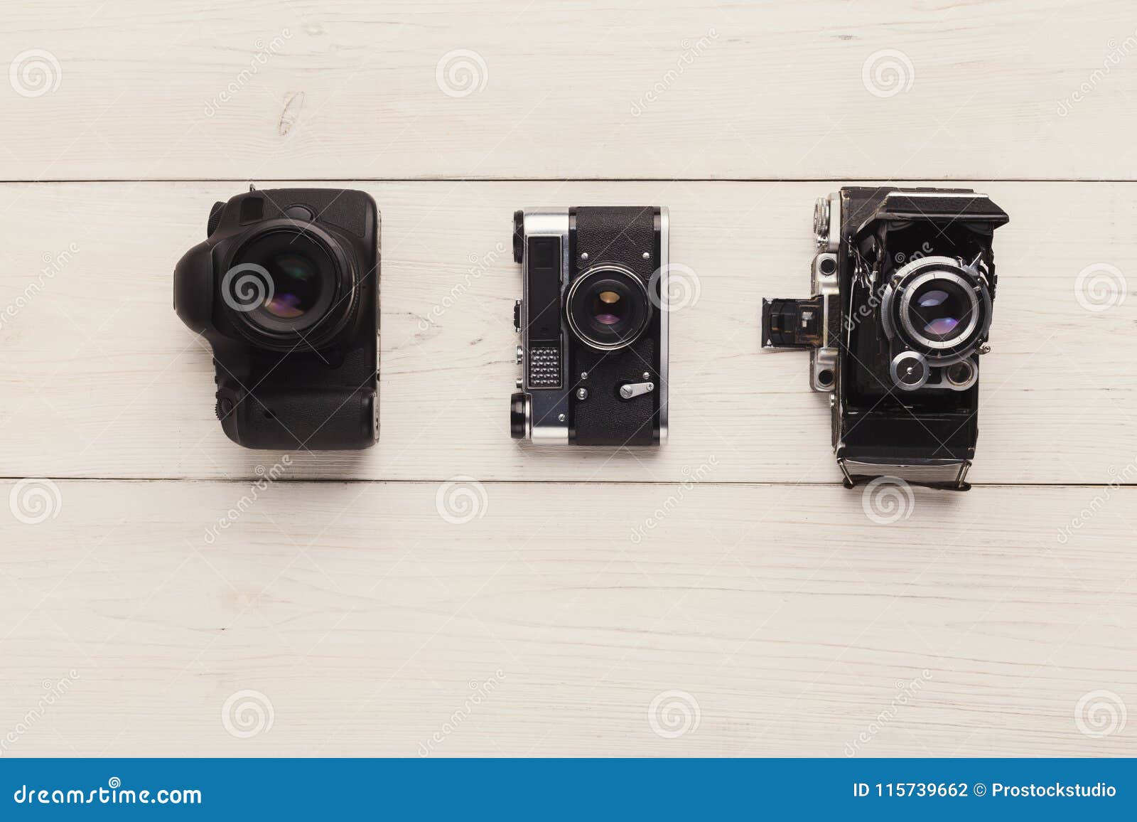 Three Different Cameras on White Table Stock Photo - Image of hobby ...