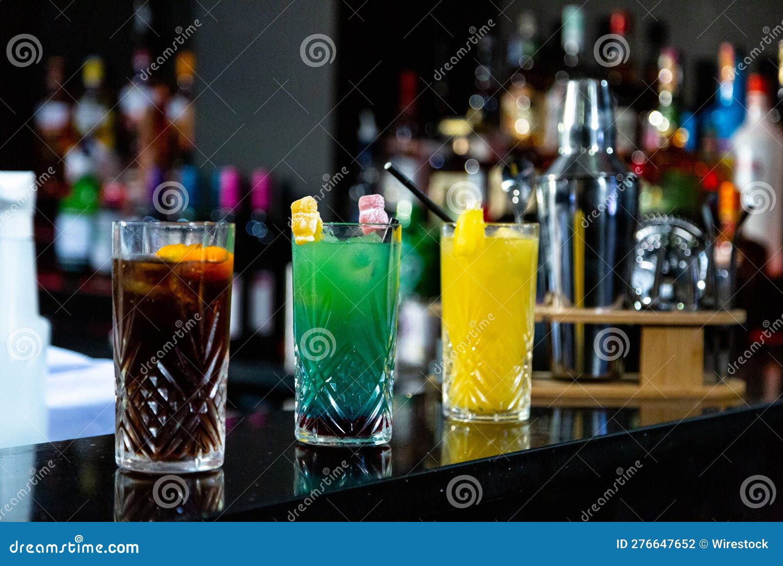 Three Different Cocktails. Coke Cocktail, Blue Cocktail and Yellow ...