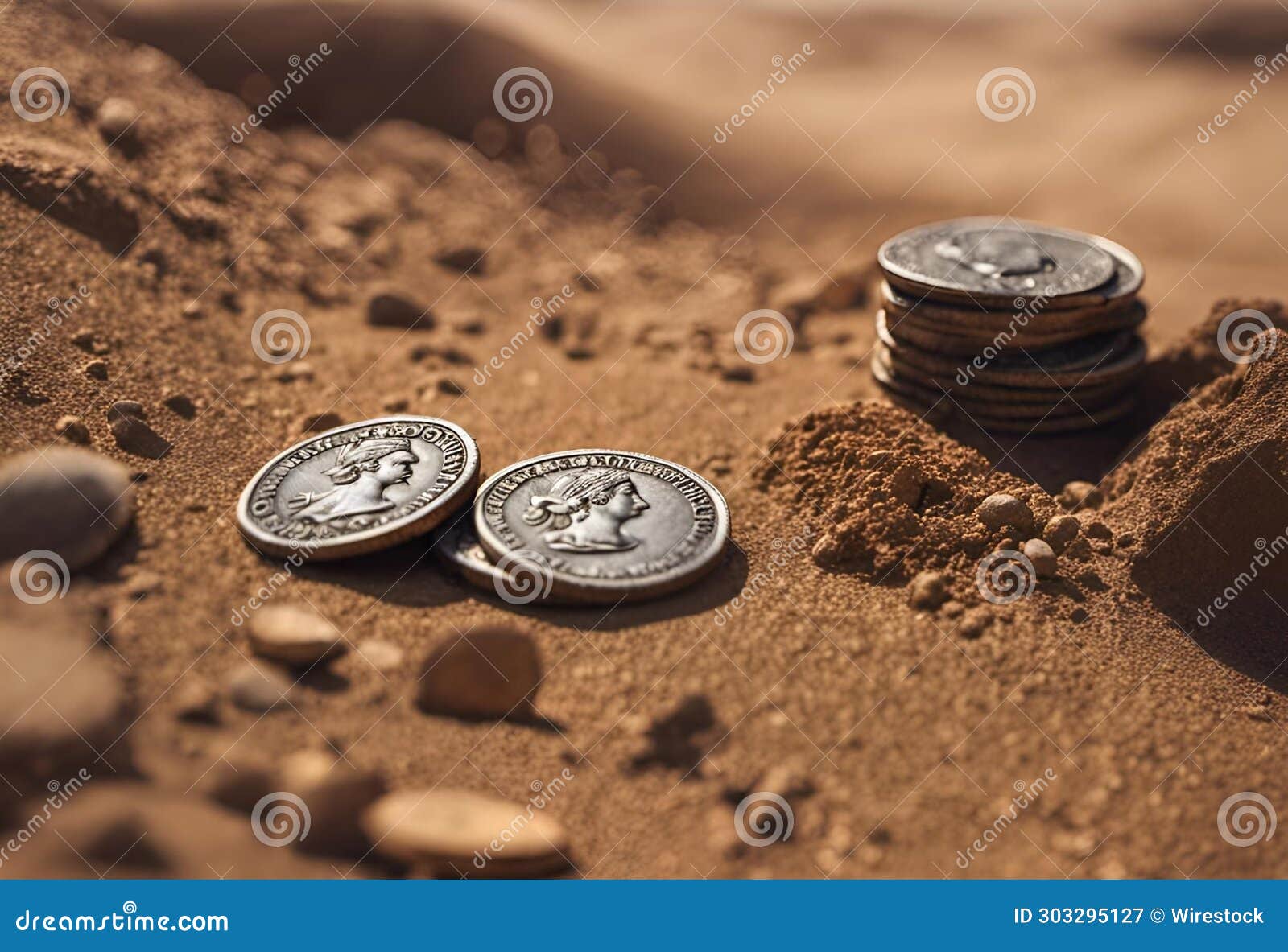 Three Different Coins on the Sand in the Desert with Stones Stock ...