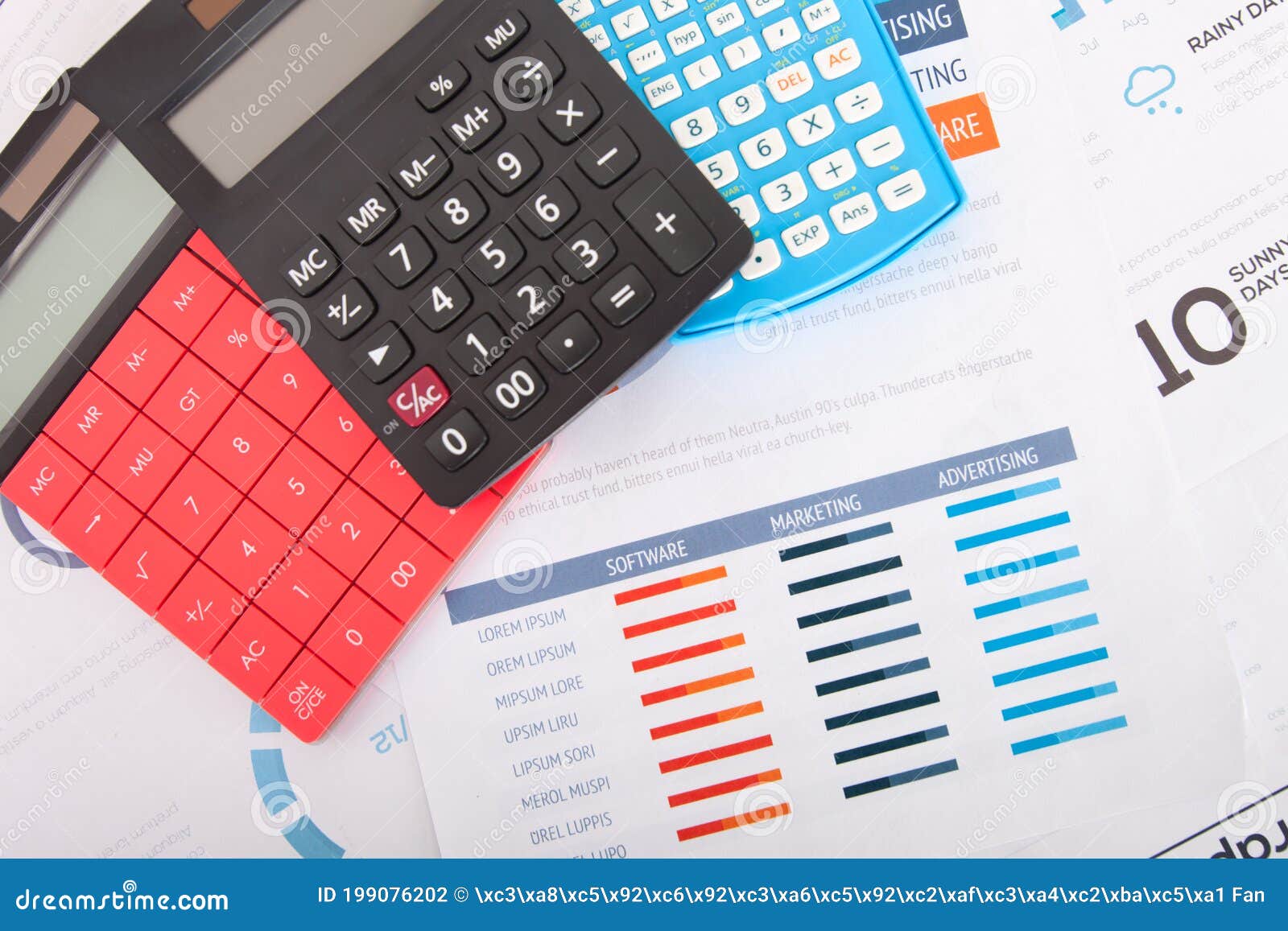 Three Different Color Calculators on Financial Document Background ...