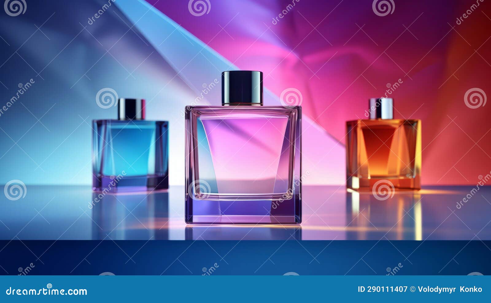 Three Different Colored Bottles of Perfume on a Table. Generative Ai ...