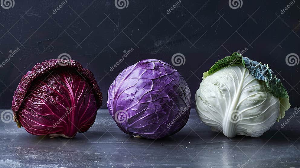 Three Different Colored Cabbage Heads are Displayed on a Counter Stock ...
