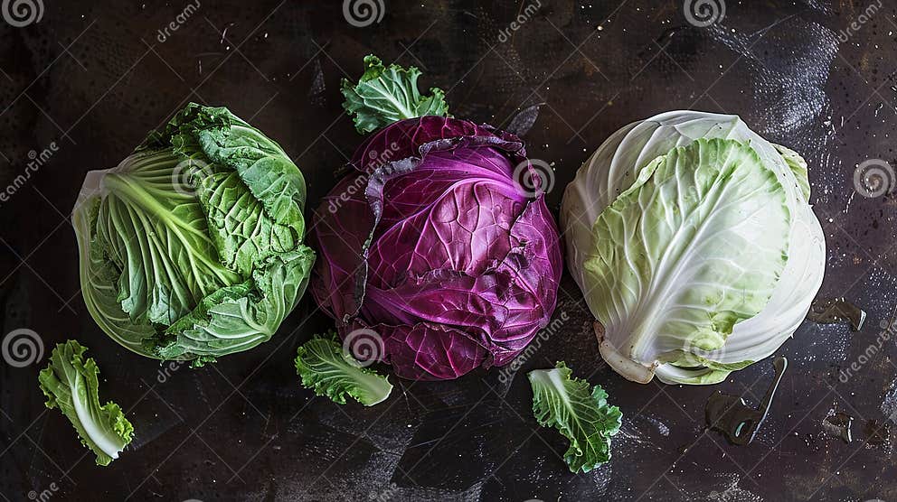 Three Different Colored Cabbage Heads are Displayed on a Table Stock ...