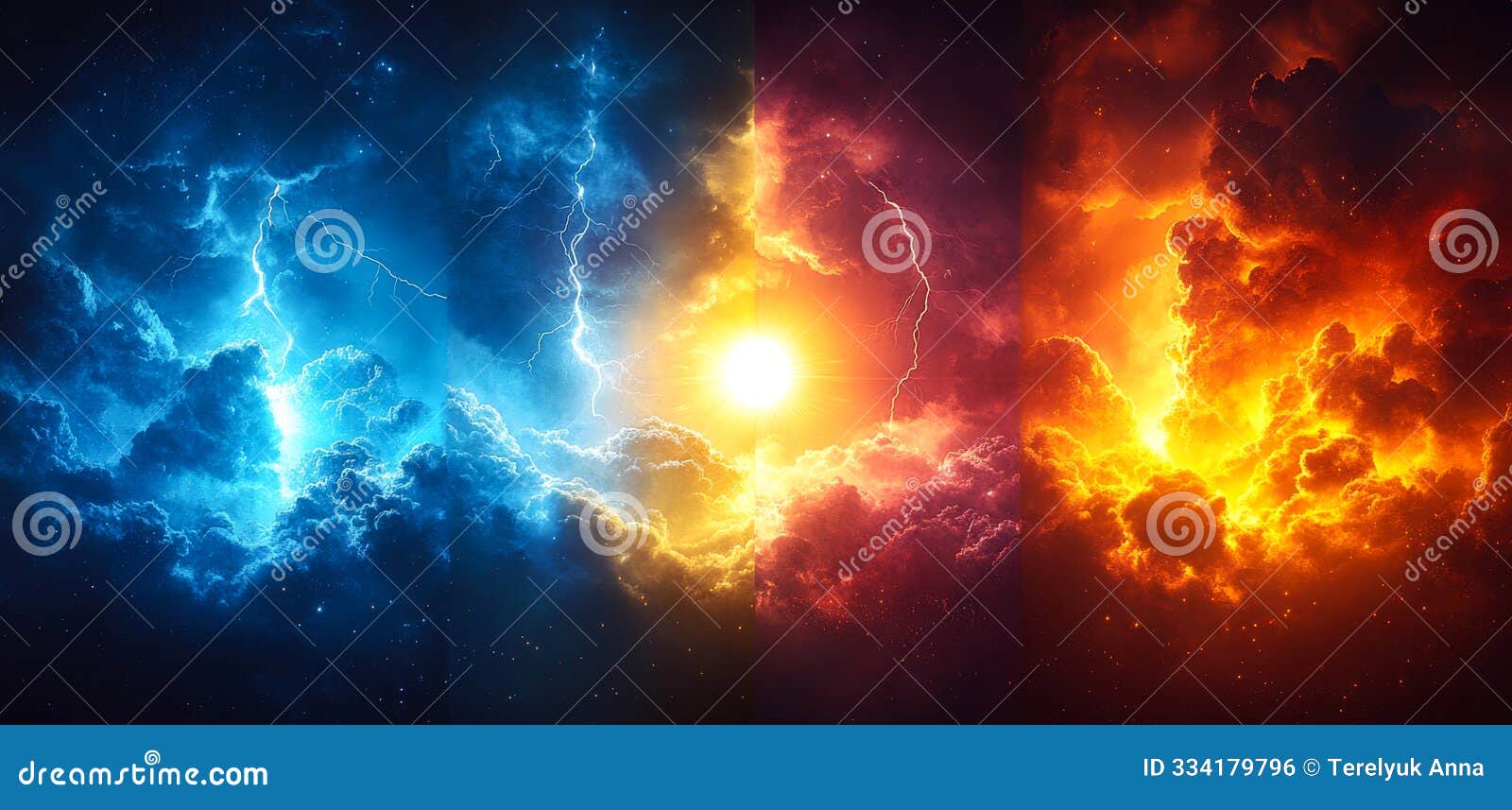 Three Different Colored Clouds with a Yellow Sun in the Middle Stock ...