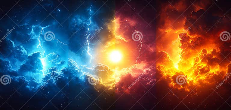 Three Different Colored Clouds with a Yellow Sun in the Middle Stock ...