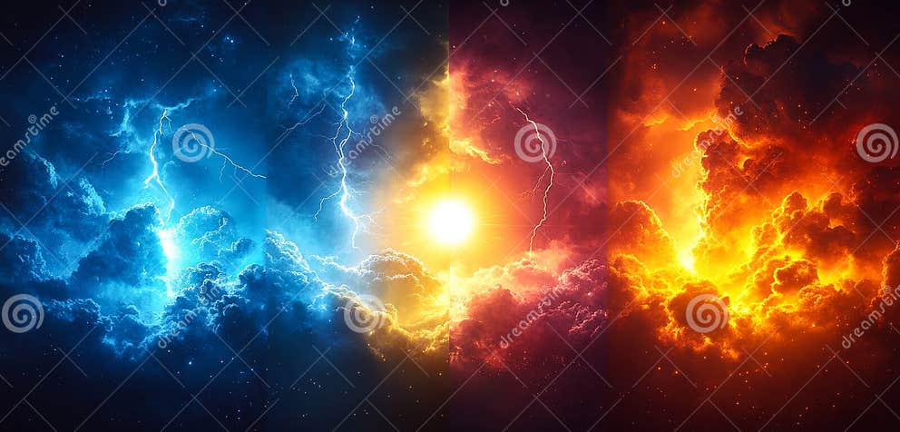 Three Different Colored Clouds with a Yellow Sun in the Middle Stock ...