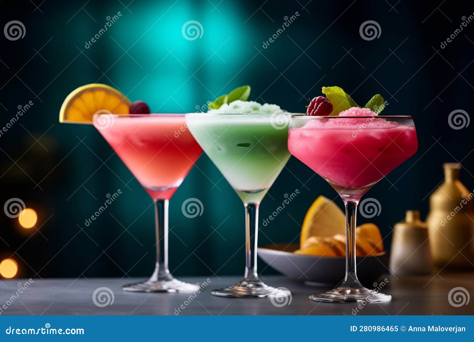 Three Different Colored Cocktails on the Bar Counter with Ice Spread ...