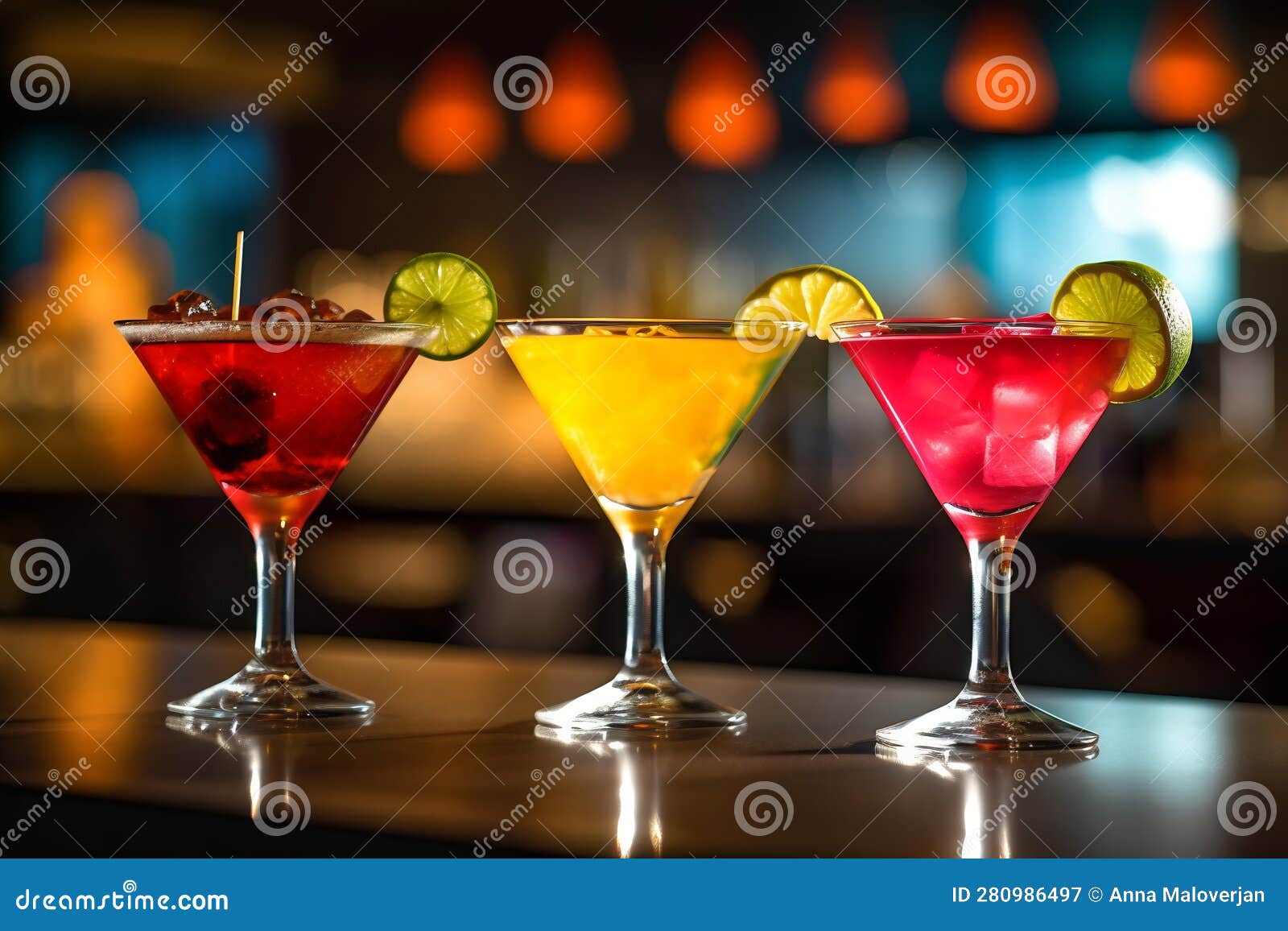 Three Different Colored Cocktails on the Bar Counter with Ice Spread ...