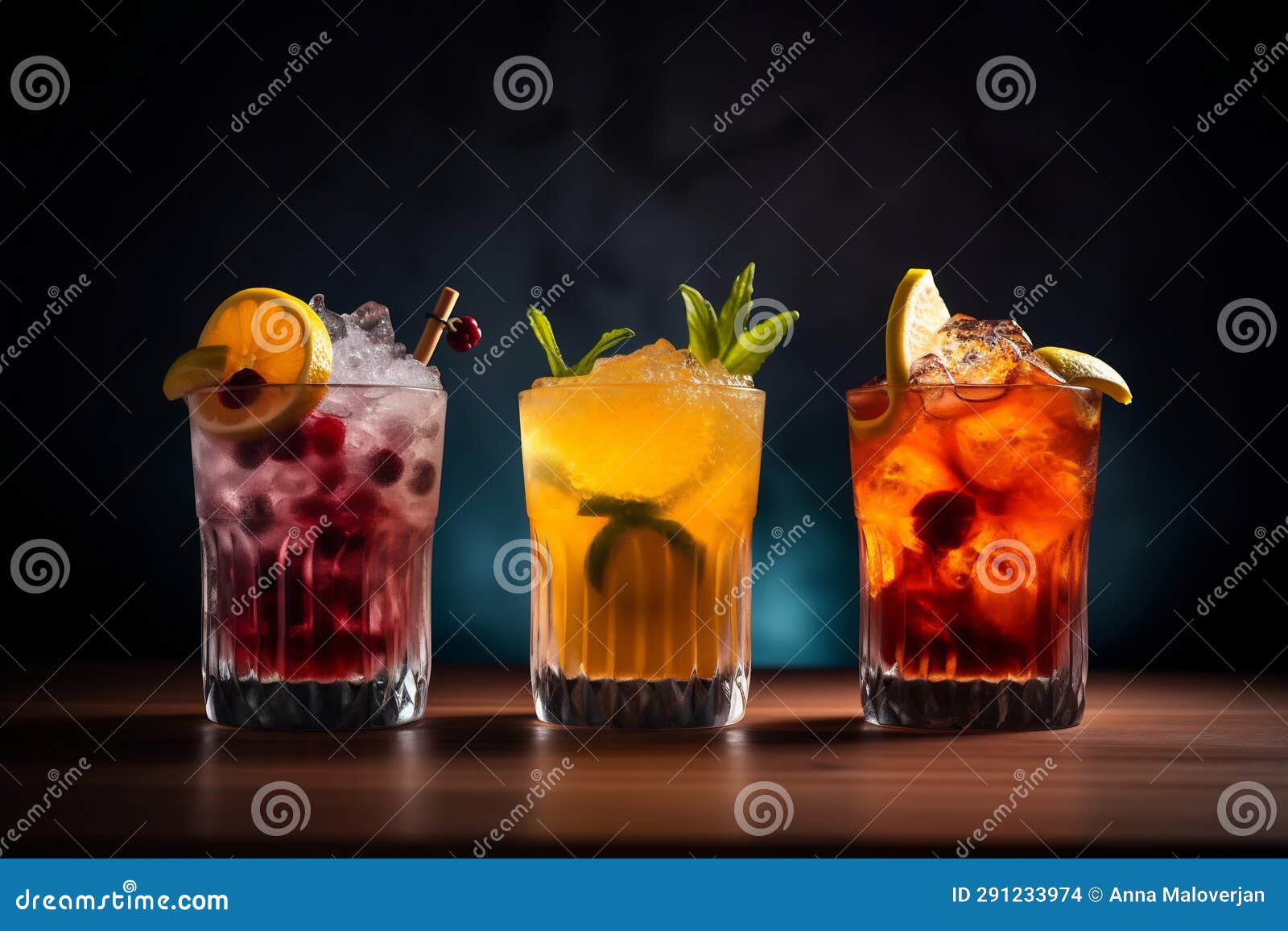 Three Different Colored Cocktails on the Bar Counter with Ice Spread ...