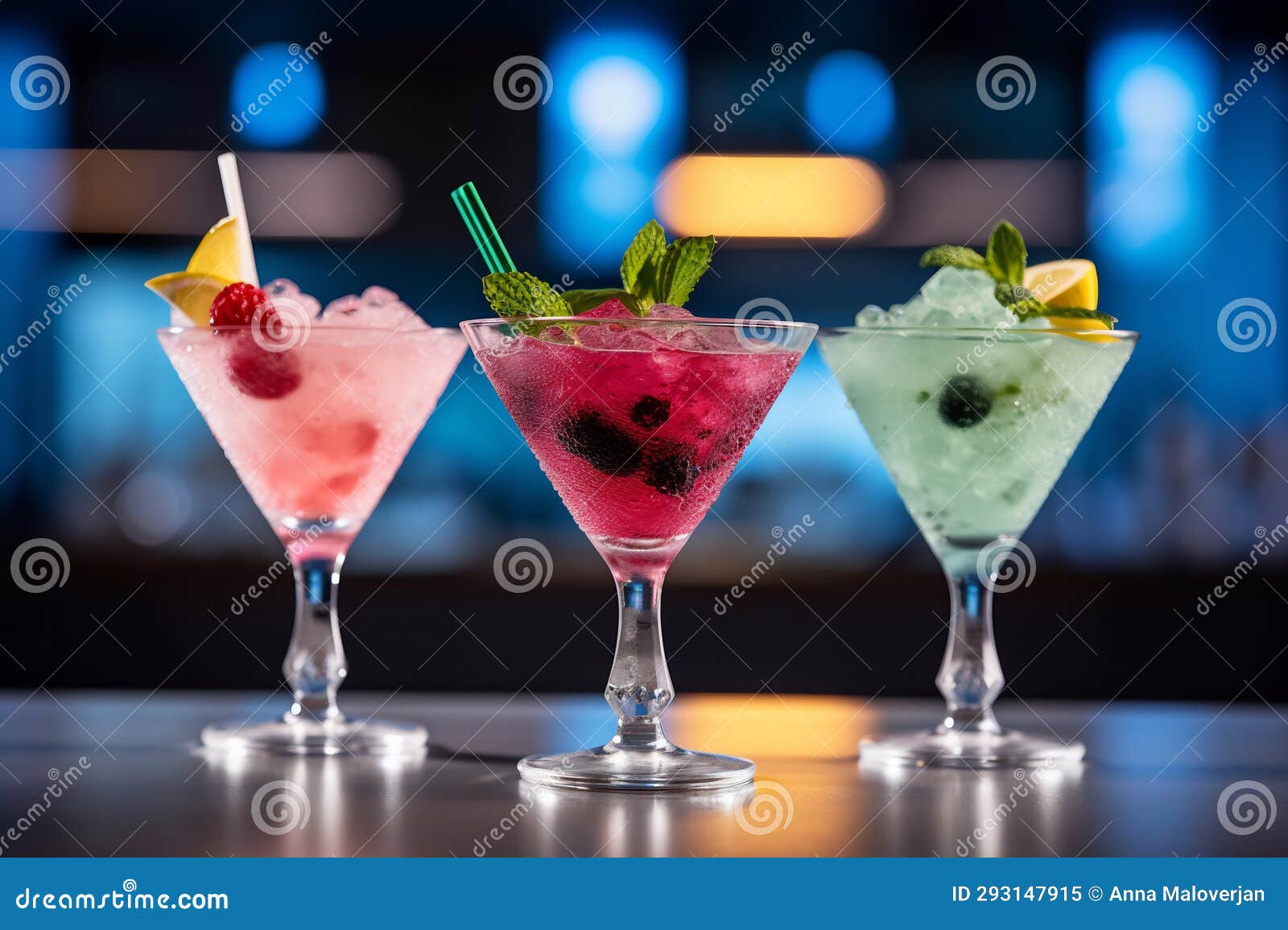 Three Different Colored Cocktails on the Bar Counter with Ice Spread ...