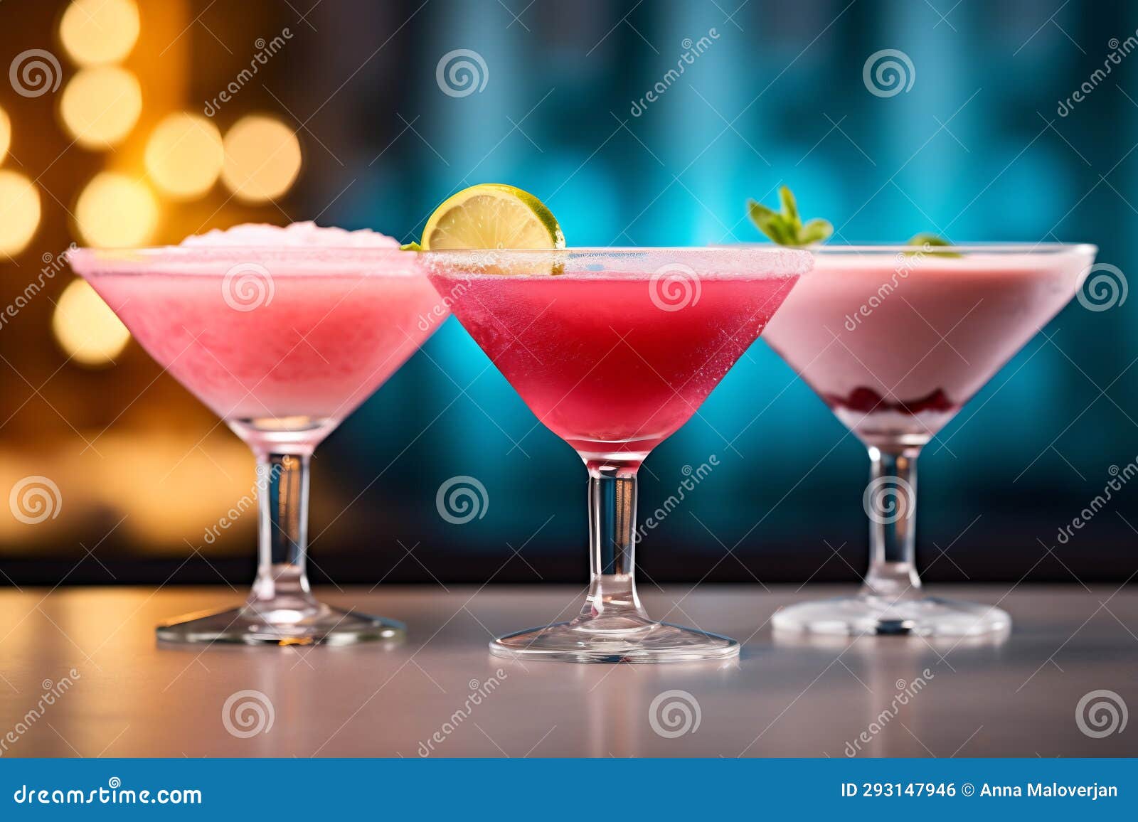 Three Different Colored Cocktails on the Bar Counter with Ice Spread ...