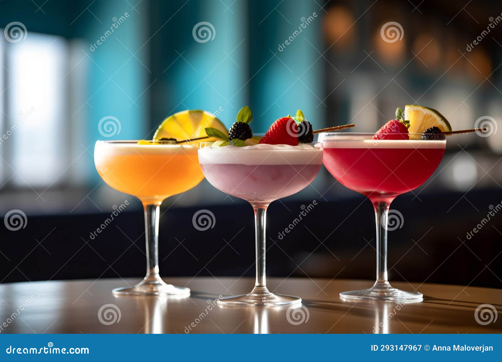 Three Different Colored Cocktails on the Bar Counter with Ice Spread ...