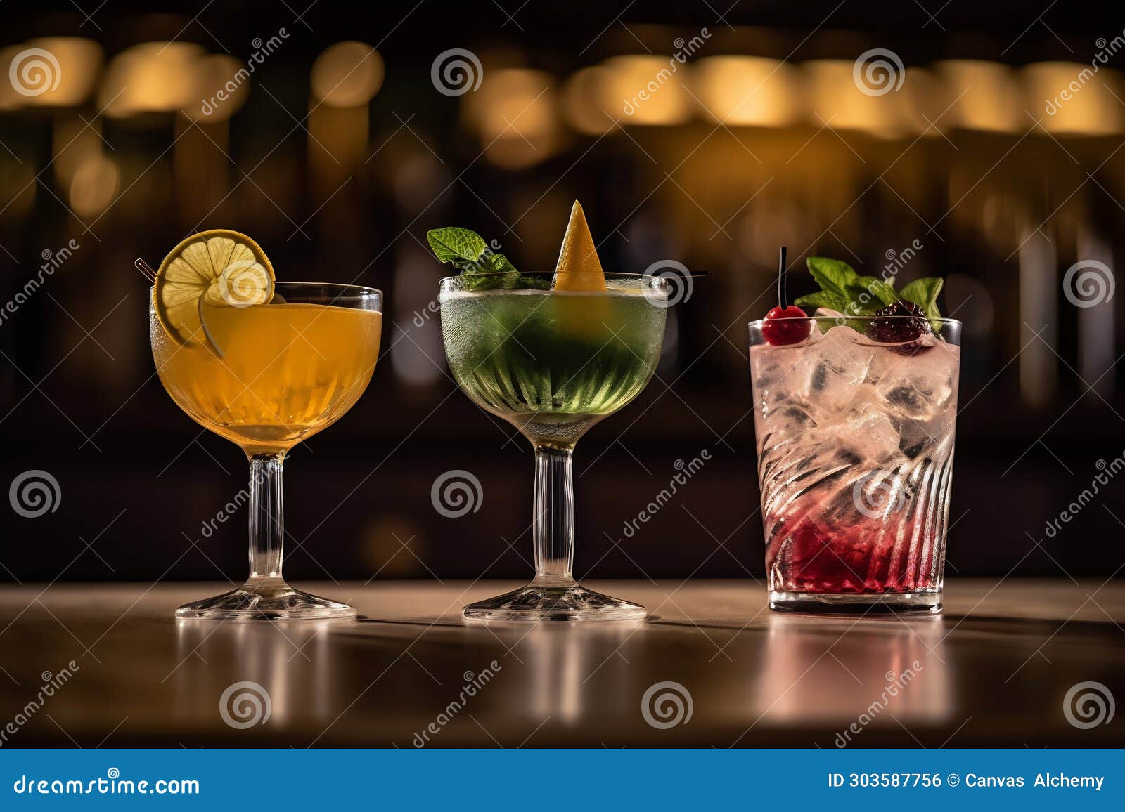 Three Different Colored Cocktails on the Bar Counter with Ice Spread ...