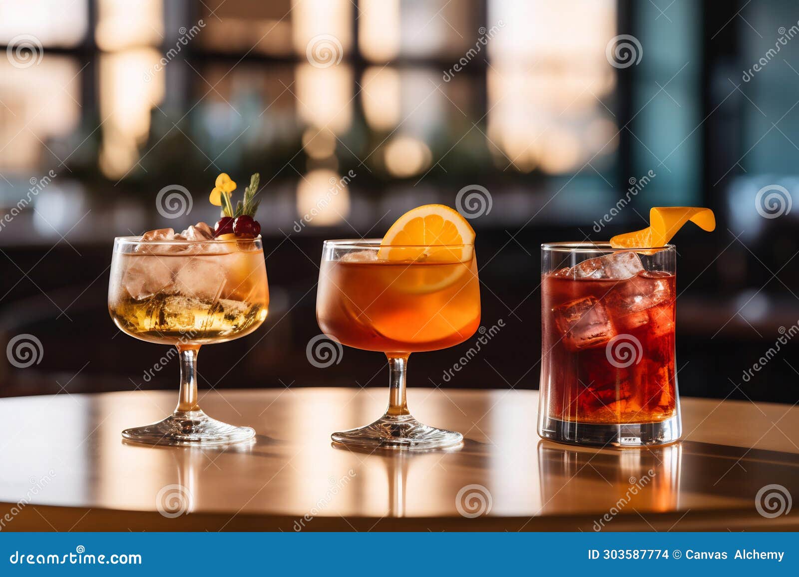 Three Different Colored Cocktails on the Bar Counter with Ice Spread ...