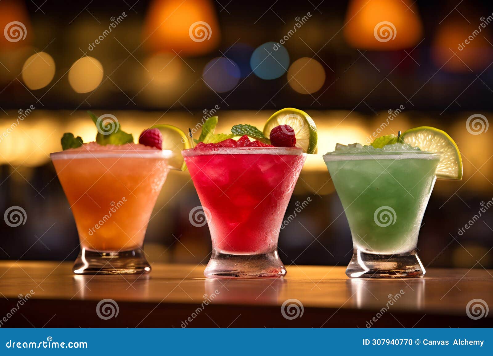 Three Different Colored Cocktails on the Bar Counter with Ice Spread ...