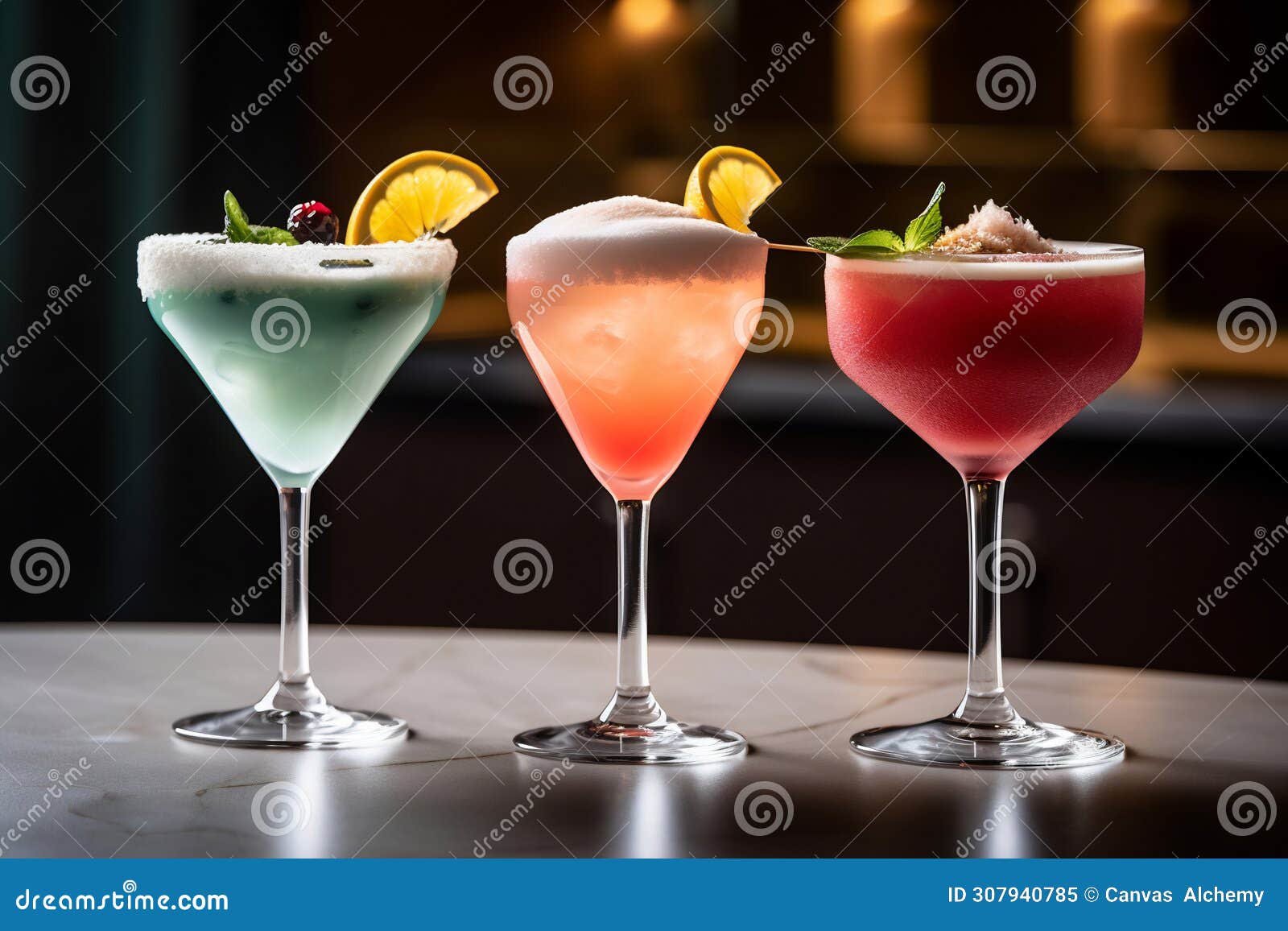 Three Different Colored Cocktails on the Bar Counter with Ice Spread ...