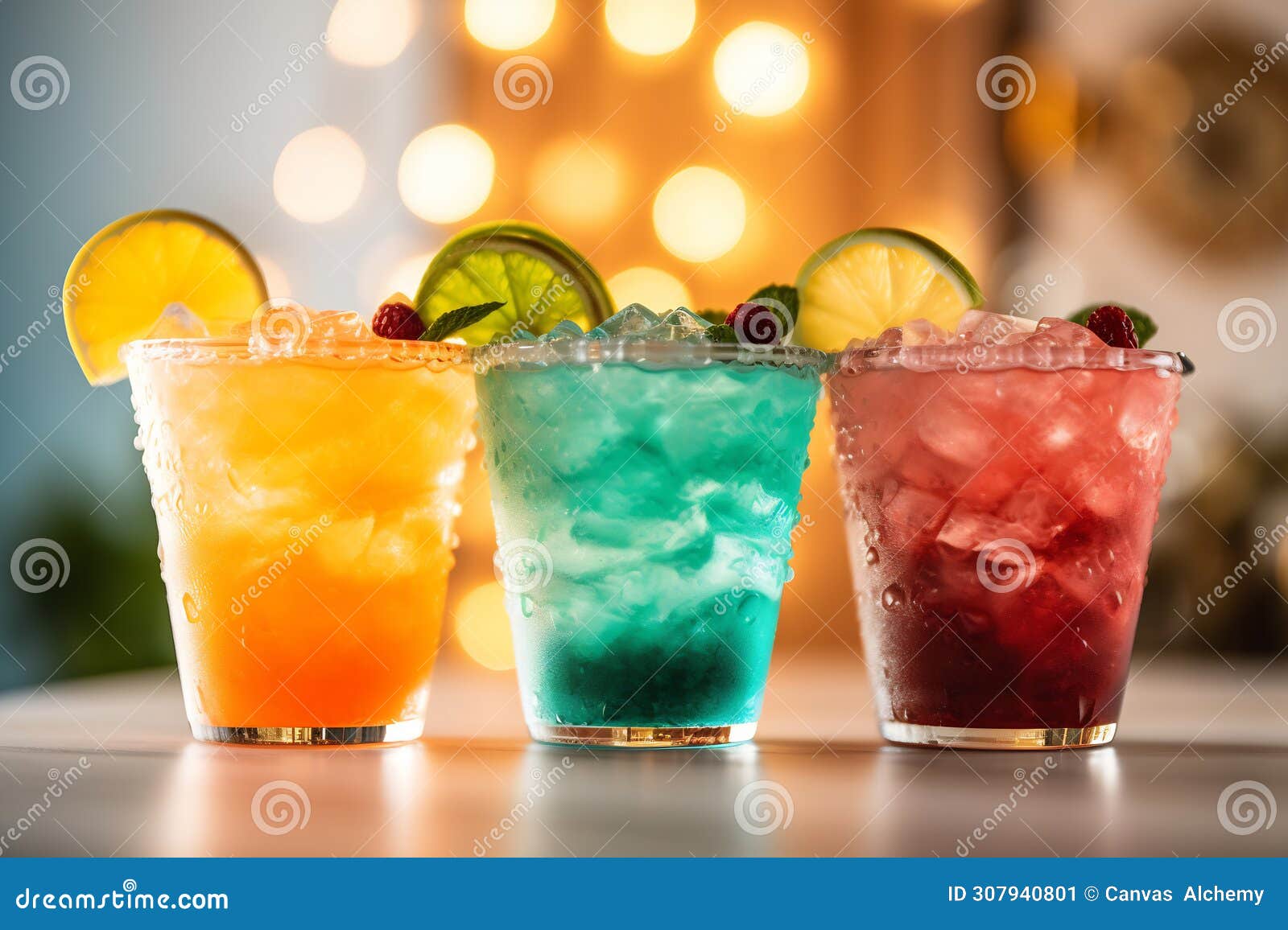 Three Different Colored Cocktails on the Bar Counter with Ice Spread ...