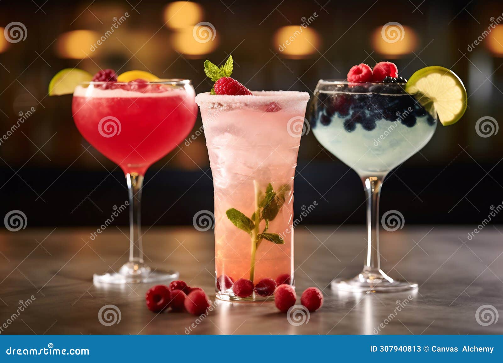 Three Different Colored Cocktails on the Bar Counter with Ice Spread ...