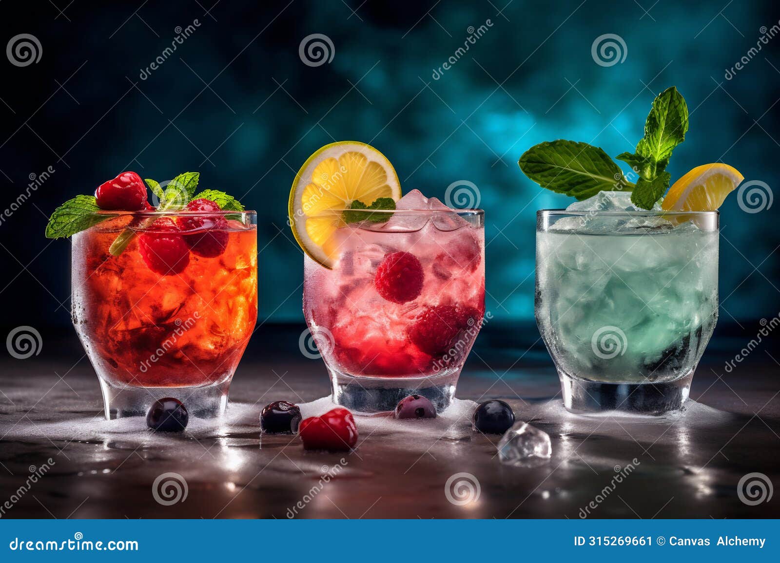 Three Different Colored Cocktails on the Bar Counter with Ice Spread ...