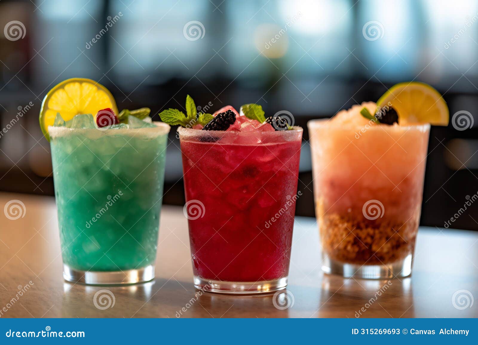 Three Different Colored Cocktails on the Bar Counter with Ice Spread ...