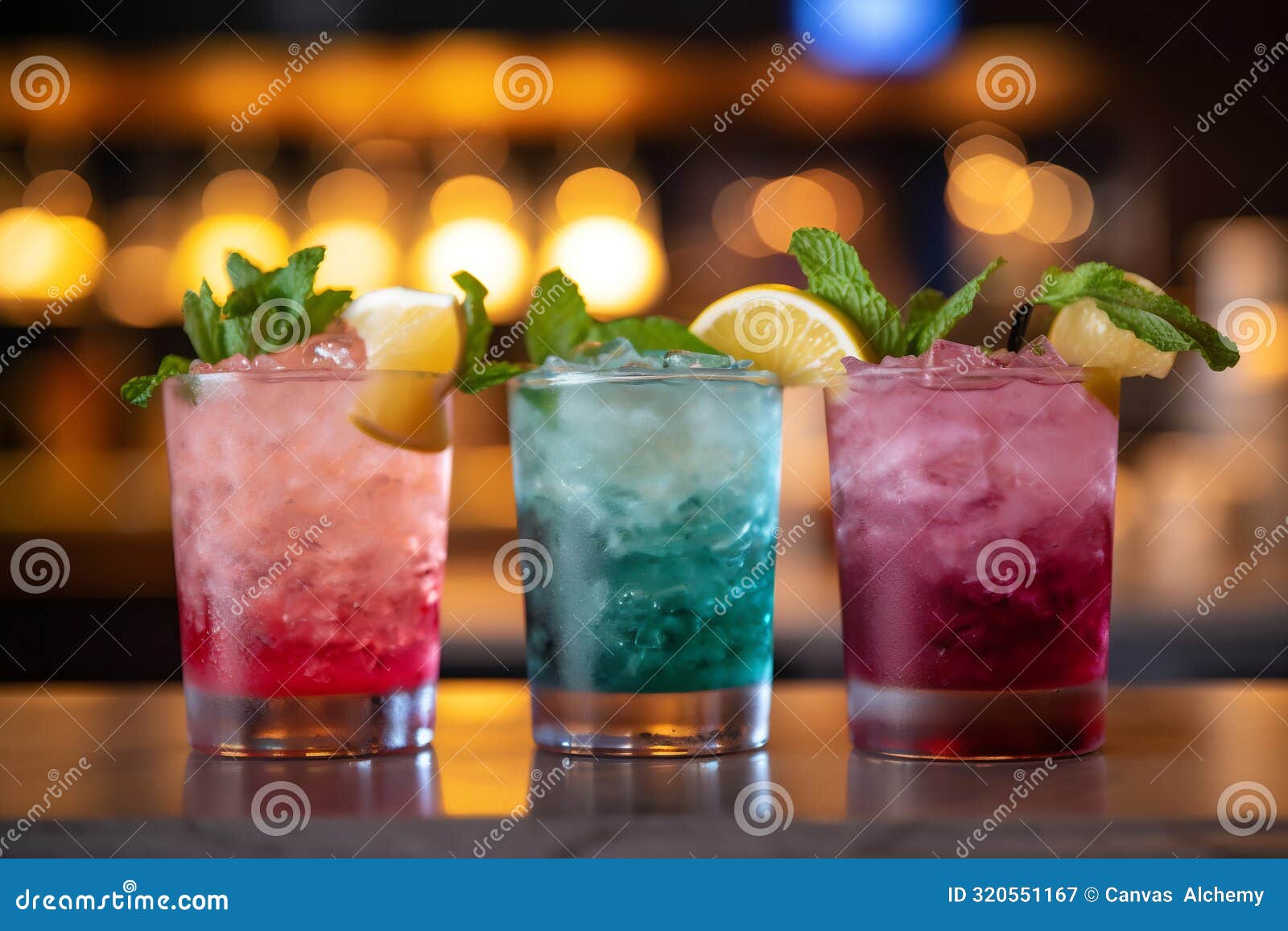Three Different Colored Cocktails on the Bar Counter with Ice Spread ...