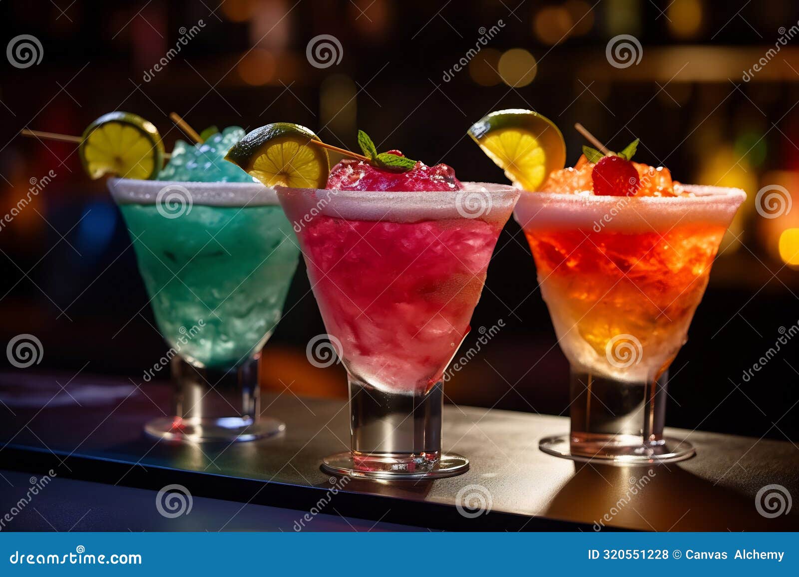 Three Different Colored Cocktails on the Bar Counter with Ice Spread ...