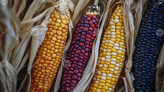 Three Different Colored Corn on the Cob in a Pile, AI Stock Image ...