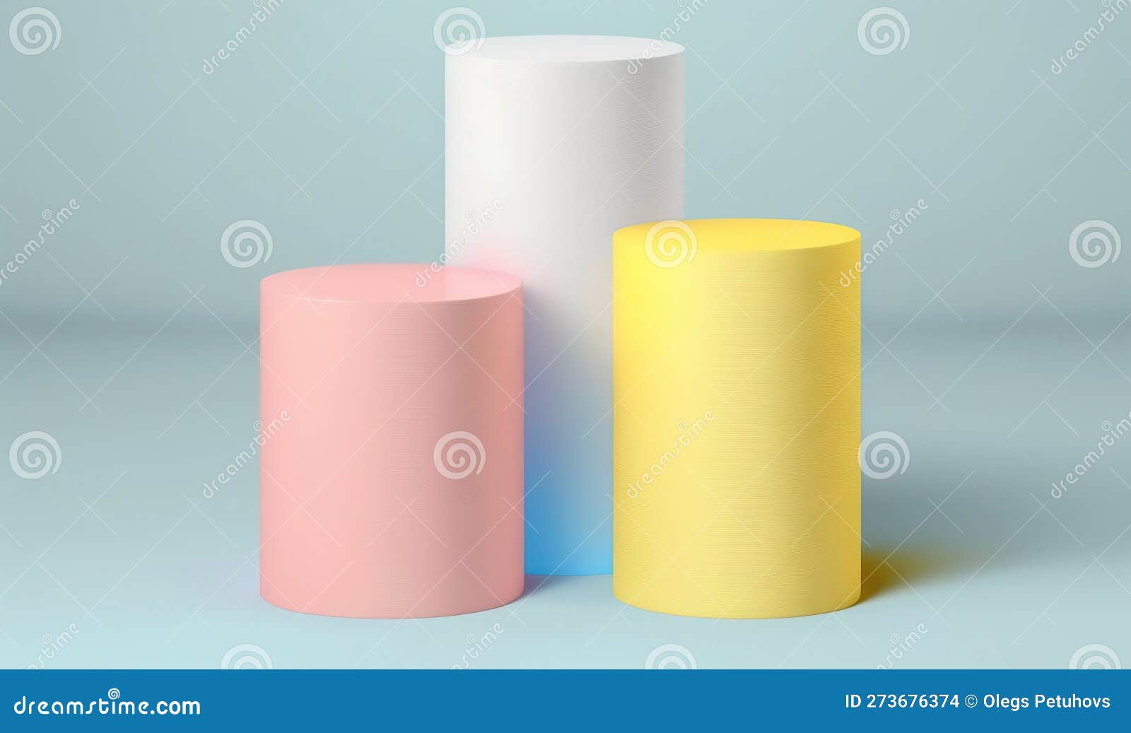 Three Different Colored Cylinders on a Light Blue Background with a ...