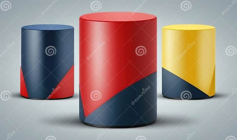 Three Different Colored Cylindrical Objects on a Gray Background with a ...