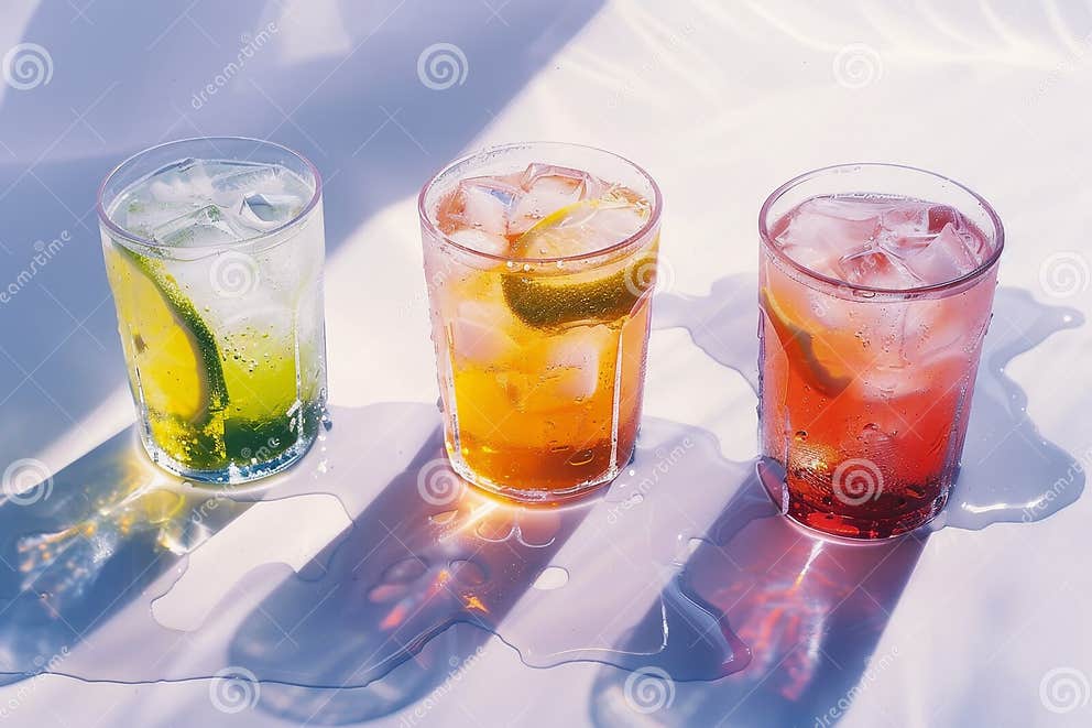 Three Different Colored Drinks are Displayed on a White Surface, Icy ...