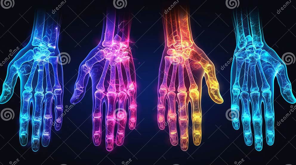 Three Different Colored Hands with Glowing Bones, AI Stock Image ...