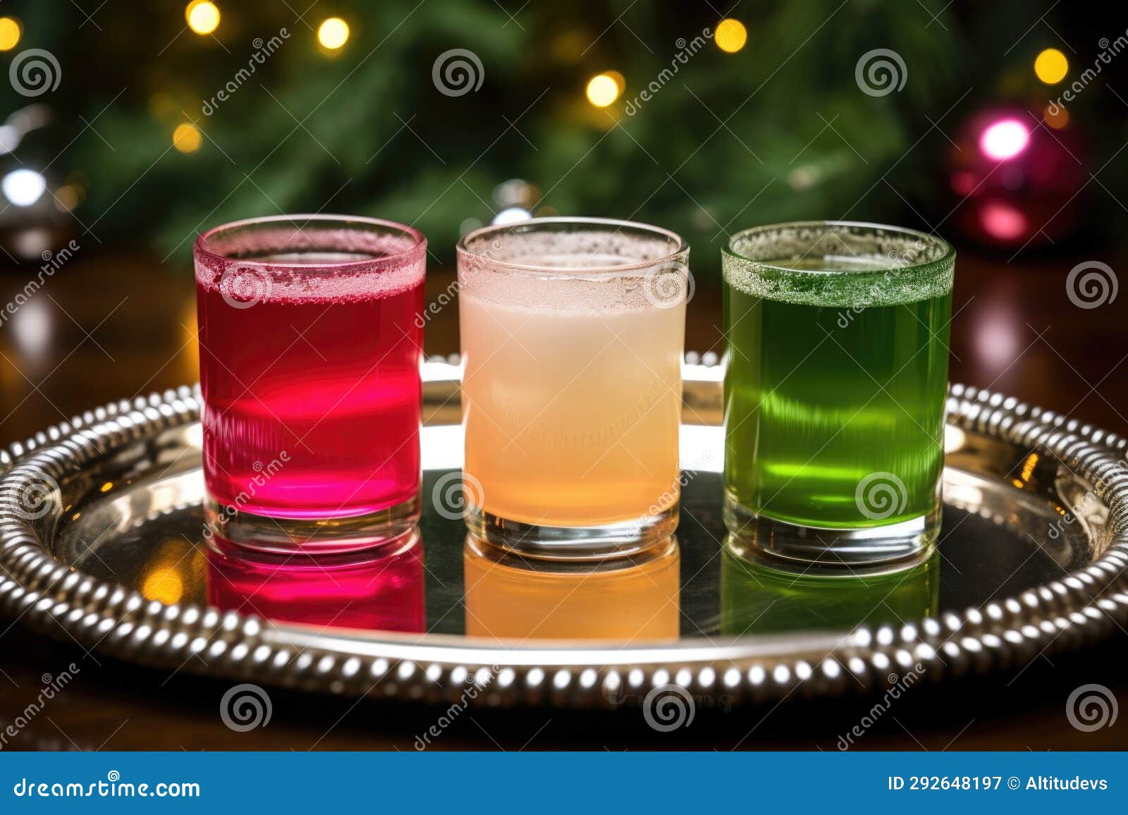 Three Different Colored Holiday Cocktails on a Shiny Silver Tray Stock ...