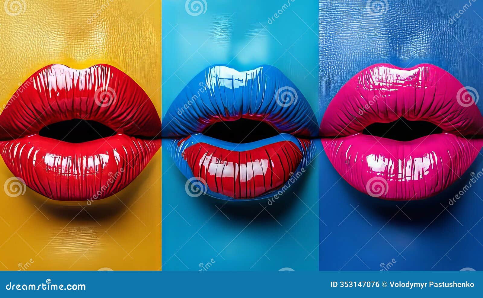 Three Different Colored Lips on a Blue Yellow and Red Background Stock ...