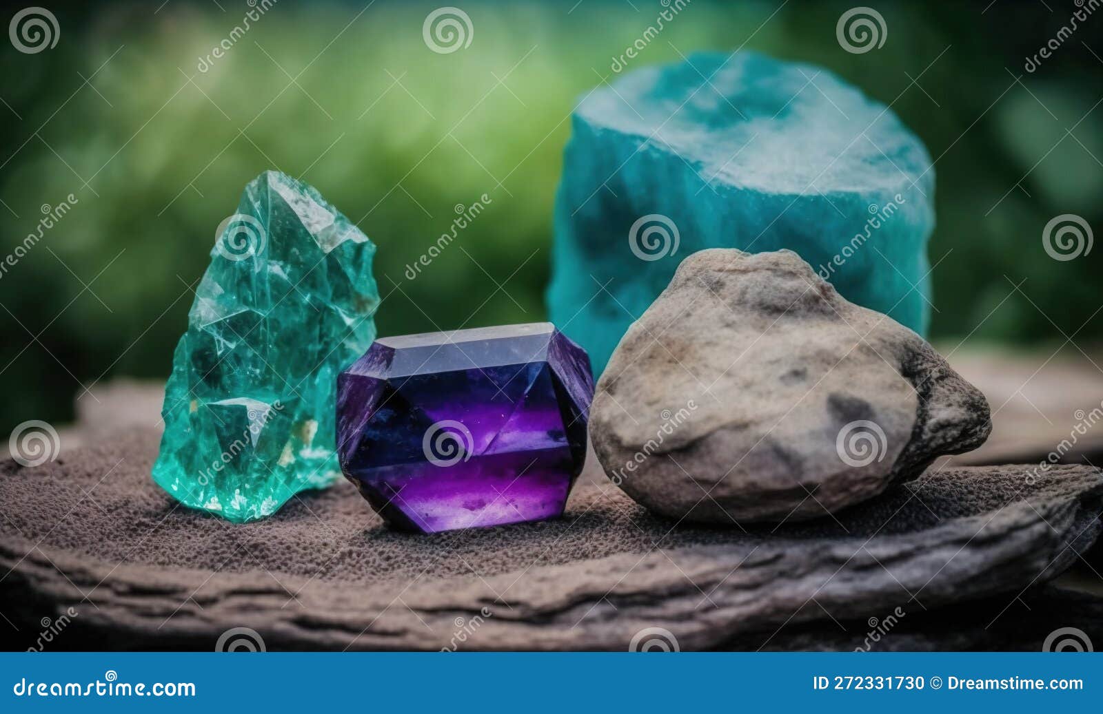 Three Different Colored Rocks Sitting on Top of a Stone Slab Stock ...