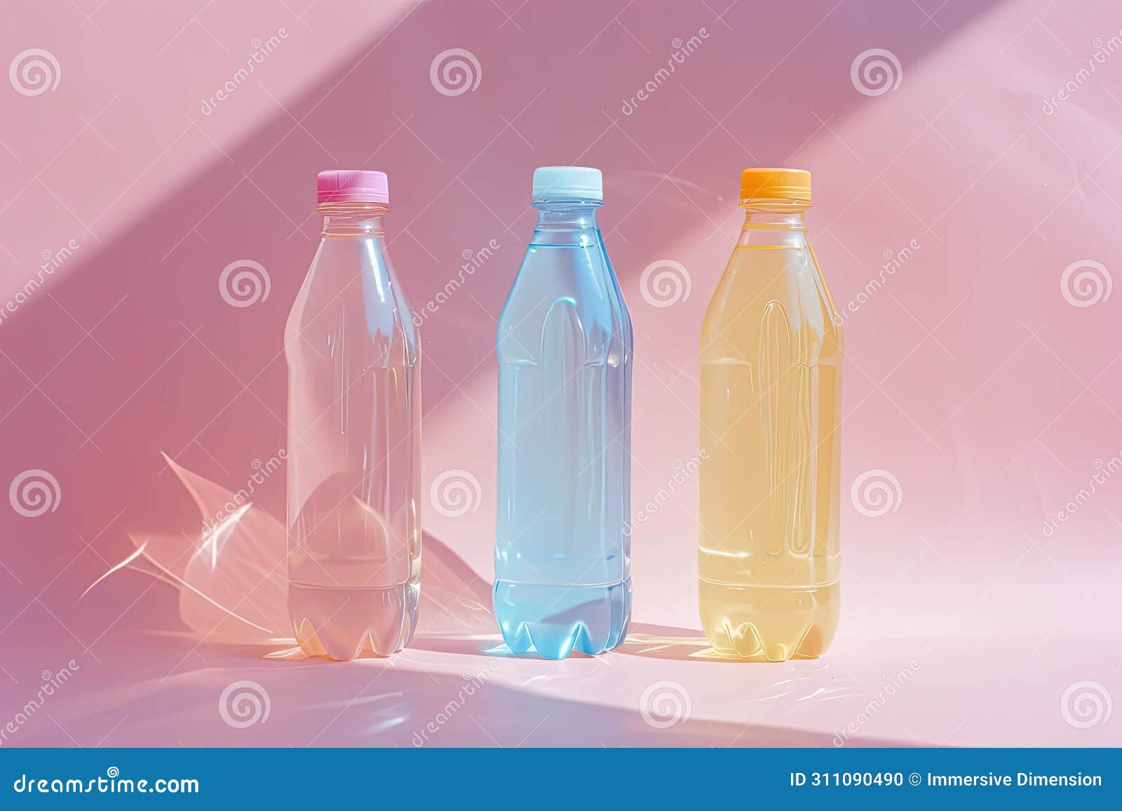 Three Different Colored and Shaped Water Bottles in the Style of Pastel ...