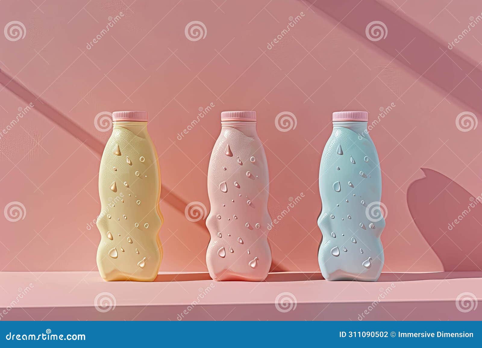 Three Different Colored and Shaped Water Bottles in the Style of Pastel ...