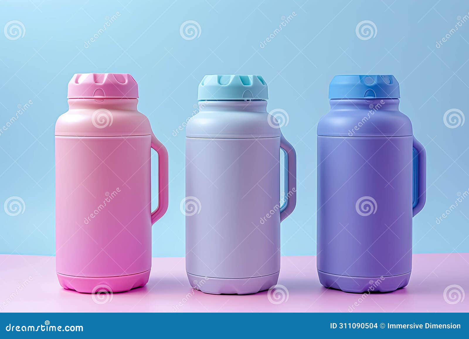 Three Different Colored and Shaped Water Bottles in the Style of Pastel ...